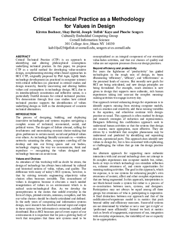 (PDF) Critical technical practice as a methodology for values in design