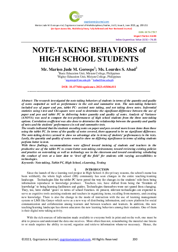 (PDF) NOTE-TAKING BEHAVIORS of HIGH SCHOOL STUDENTS | Cognizance ...