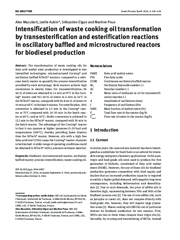 (PDF) Intensification of waste cooking oil transformation by transesterification and ...