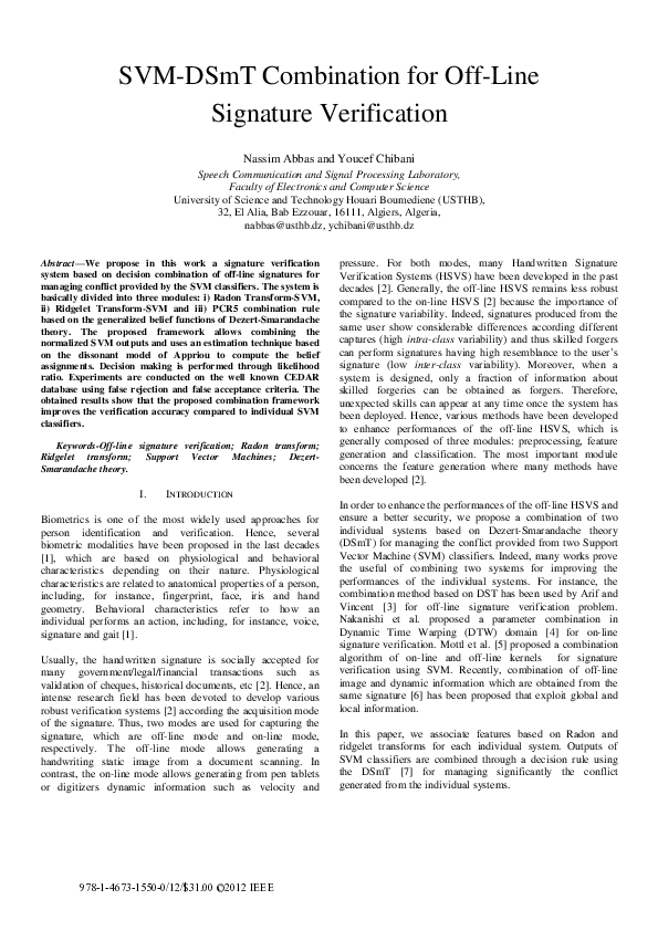 Pdf Svm Dsmt Combination For Off Line Signature Verification
