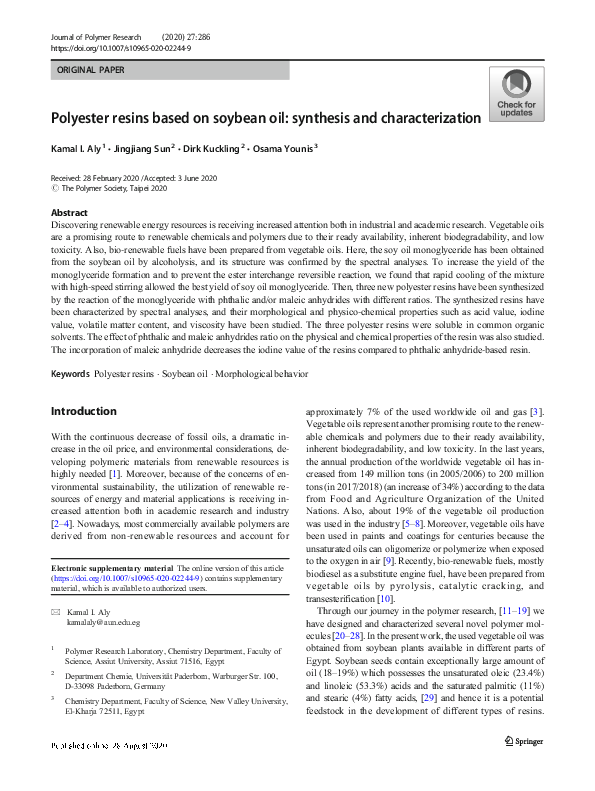 (PDF) Polyester resins based on soybean oil: synthesis and characterization