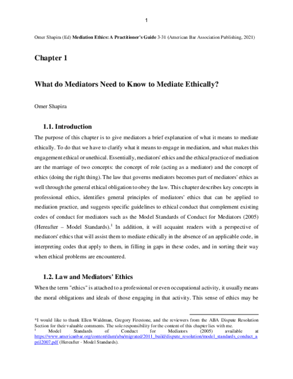 (PDF) Chapter 1: What do Mediators Need to Know to Mediate Ethically?