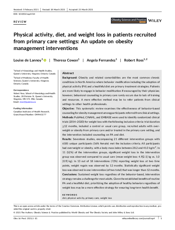 (PDF) Physical activity, diet, and weight loss in patients recruited from primary care settings ...