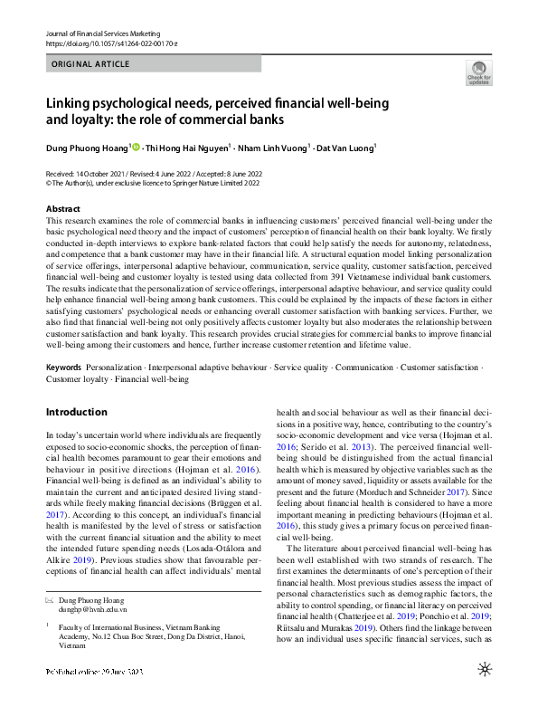 (PDF) Linking psychological needs, perceived financial well-being and ...