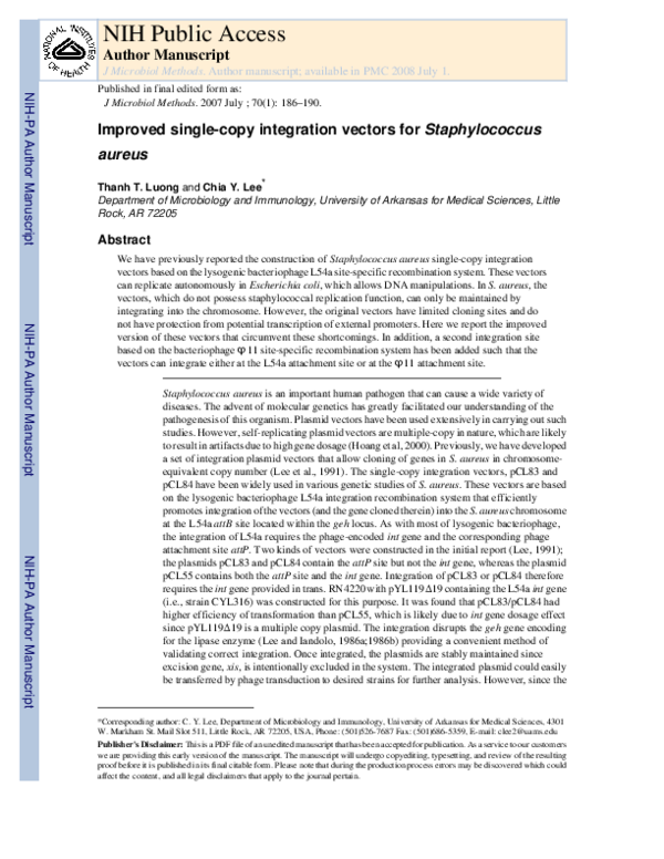 (PDF) Improved single-copy integration vectors for Staphylococcus aureus