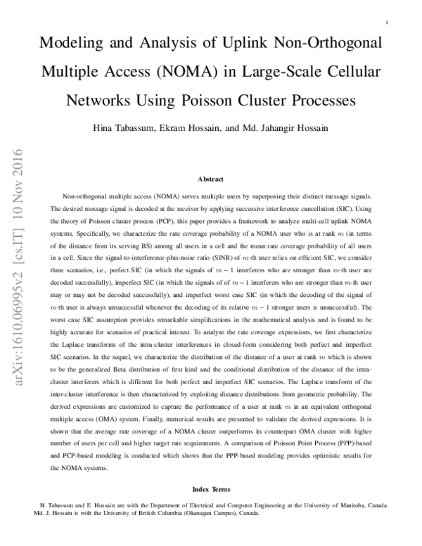 (PDF) Modeling and Analysis of Uplink Non-Orthogonal Multiple Access (NOMA) in Large-Scale ...