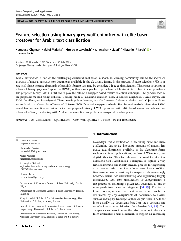 (PDF) Feature selection using binary grey wolf optimizer with elite-based crossover for Arabic ...