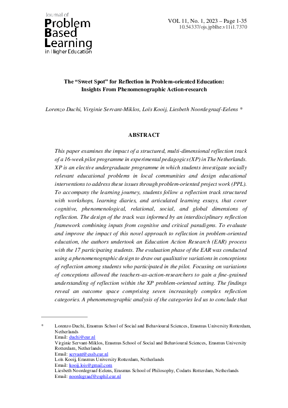 (PDF) “Sweet Spot” for Reflection in Problem-oriented Education