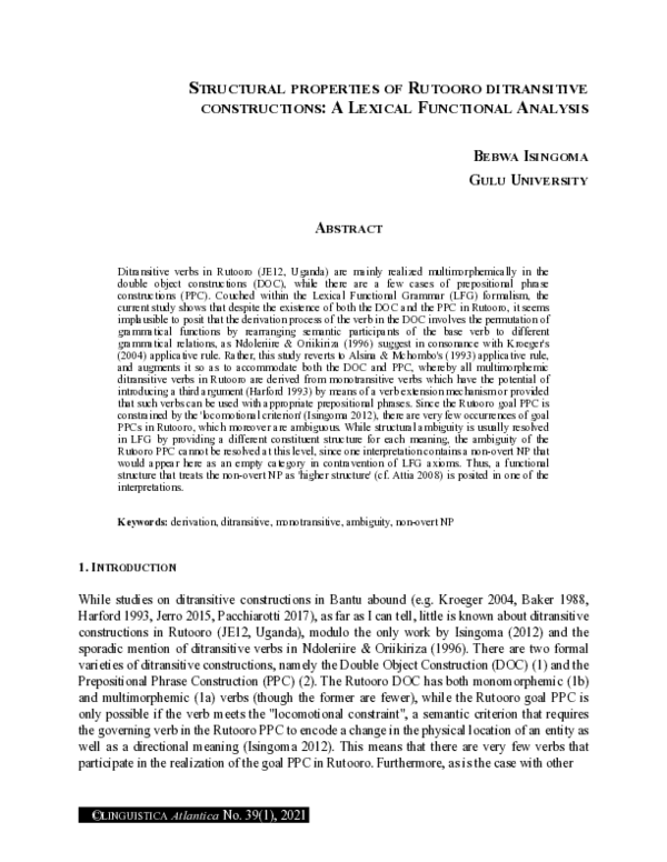 (PDF) Structural Properties of Rutooro Ditransitive Constructions: a ...