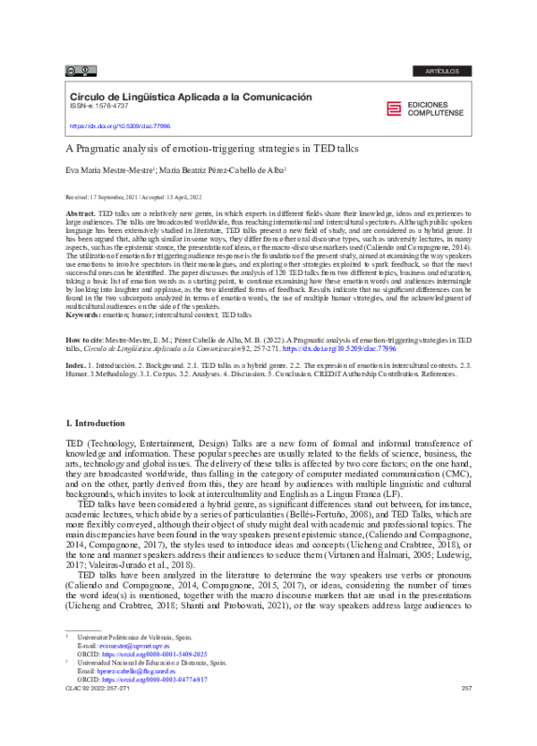 (PDF) A Pragmatic analysis of emotion-triggering strategies in TED talks