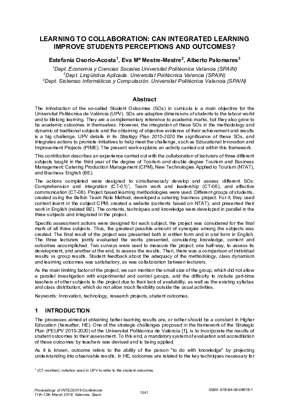 (PDF) Learning to Collaboration: Can Integrated Learning Improve Students Perceptions and Outcomes?