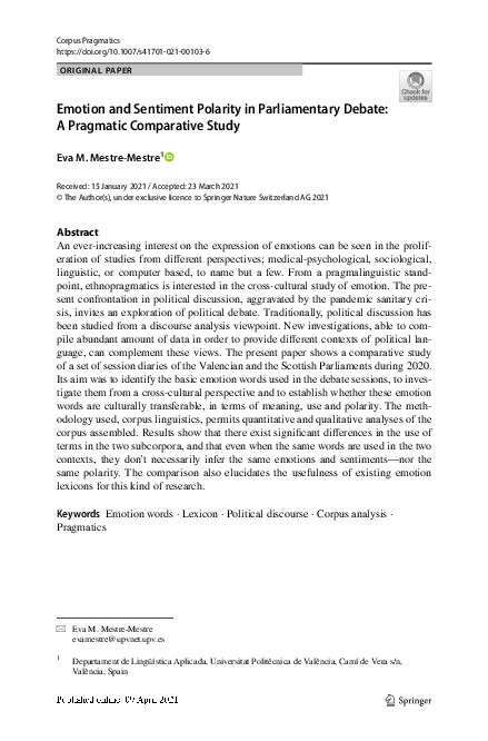 (PDF) Emotion and Sentiment Polarity in Parliamentary Debate: A Pragmatic Comparative Study