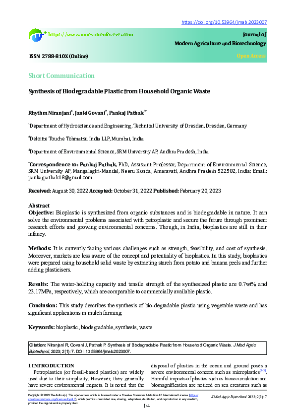 (PDF) Synthesis of Biodegradable Plastic from Household Organic Waste
