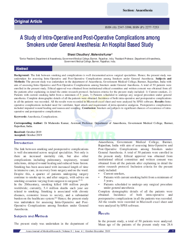 A Study of Intra-Operative and Post-Operative Complications among ...