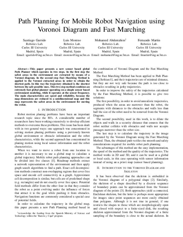 (PDF) Path planning for mobile robot navigation using voronoi diagram and fast marching