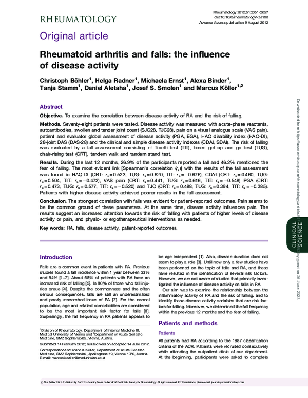(PDF) Rheumatoid arthritis and falls: the influence of disease activity ...