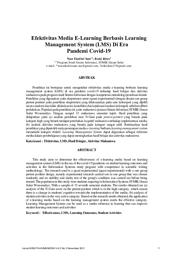 (PDF) Efektivitas Media E-Learning Berbasis Learning Management System (LMS) Di Era Pandemi Covid-19