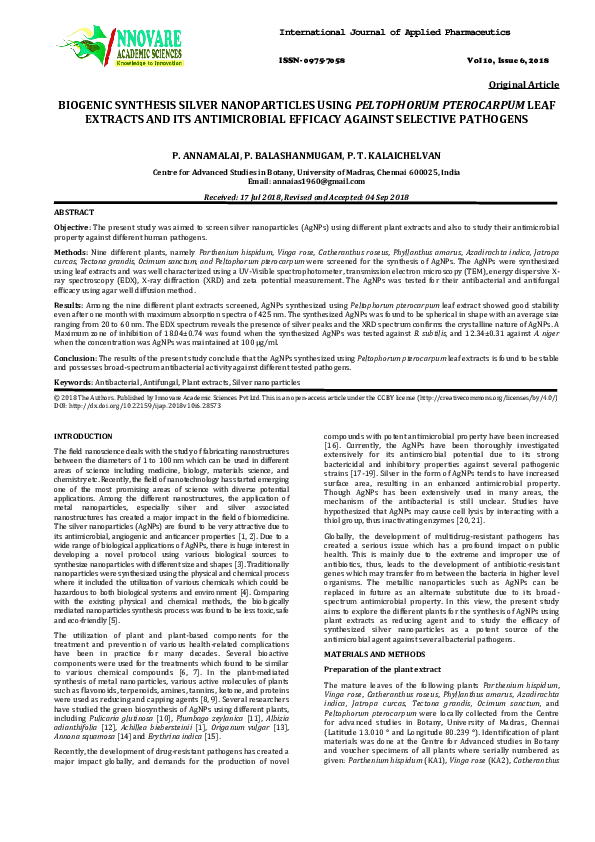 (PDF) BIOGENIC SYNTHESIS SILVER NANOPARTICLES USING PELTOPHORUM PTEROCARPUM LEAF EXTRACTS AND ...