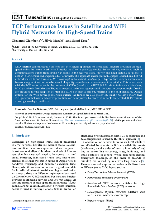 (PDF) TCP Performance Issues in Satellite and WiFi Hybrid Networks for High-Speed Trains