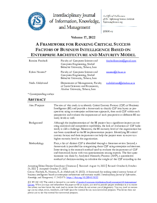 (PDF) A Framework for Ranking Critical Success Factors of Business Intelligence Based on ...