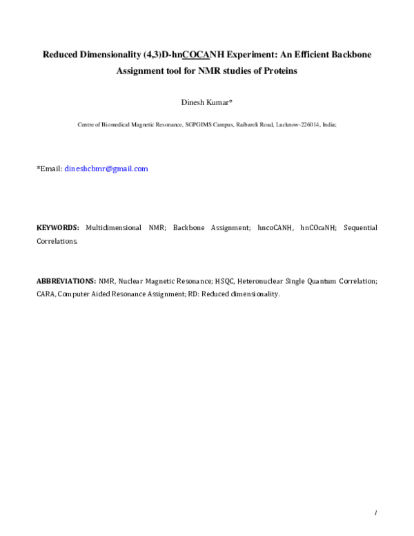 (PDF) Reduced dimensionality (4,3)D-hnCOCANH experiment: an efficient backbone assignment tool ...