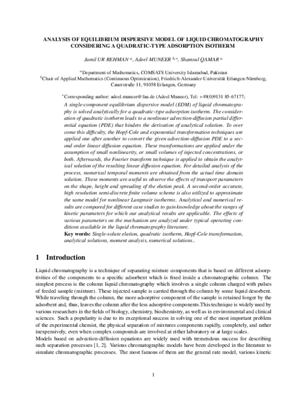 (PDF) Analysis of equilibrium dispersive model of liquid chromatography considering a quadratic ...