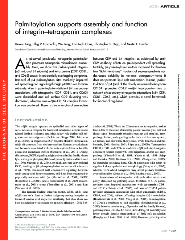 (PDF) Palmitoylation supports assembly and function of integrin ...