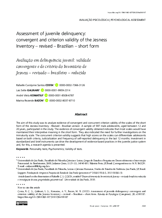 (PDF) Assessment of juvenile delinquency: convergent and criterion ...