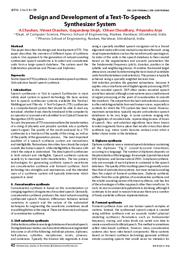 Pdf Design And Development Of A Text To Speech Synthesizer System