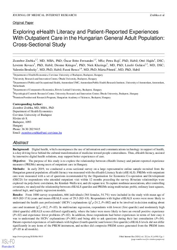 (PDF) eHealth Literacy and Patient-Reported Experiences with Outpatient ...