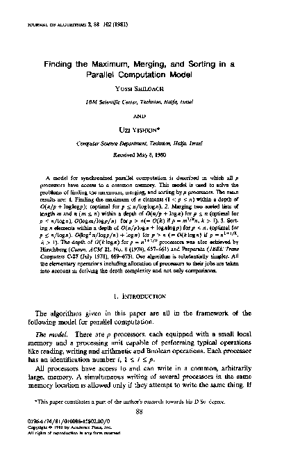 Pdf Finding The Maximum Merging And Sorting In A Parallel Computation Model Uzi Vishkin 1733