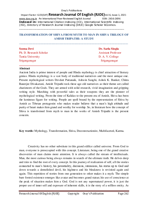 (PDF) TRANSFORMATION OF SHIVA FROM MYTH TO MAN IN SHIVA TRILOGY OF ...