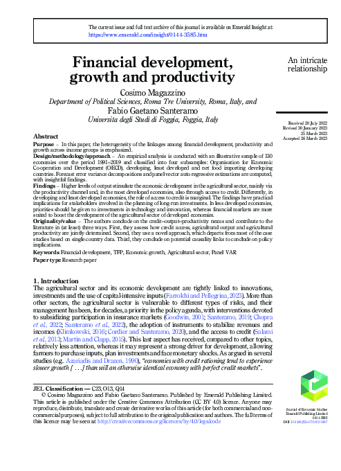 (PDF) Financial development, growth and productivity
