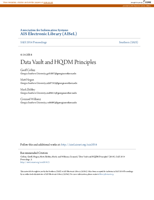 (PDF) Data Vault and HQDM Principles