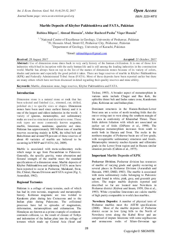 (PDF) Marble Deposits of Khyber Pakhtunkhwa and FATA, Pakistan