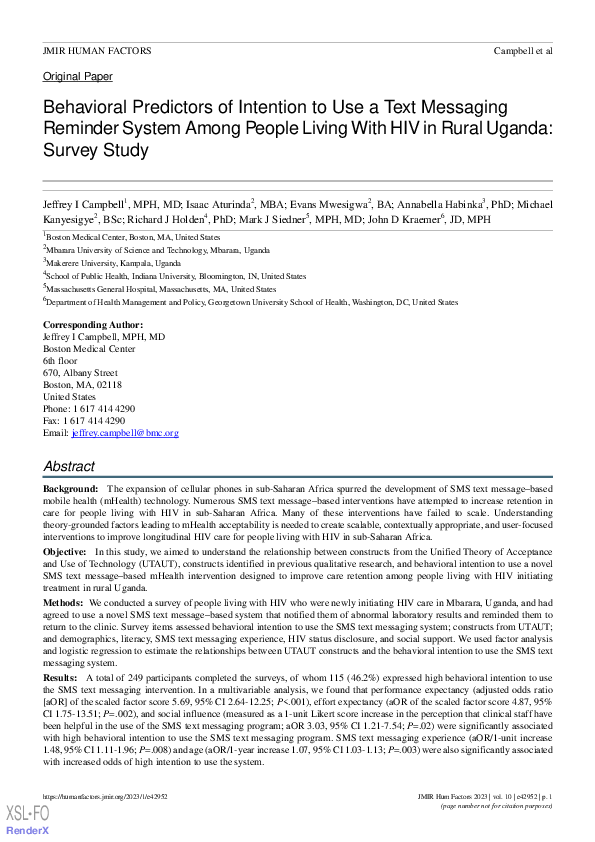 Pdf Behavioral Predictors Of Intention To Use A Text Messaging Reminder System Among People