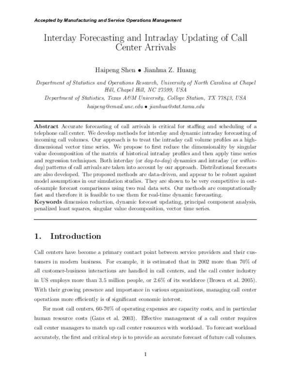 (PDF) Interday Forecasting and Intraday Updating of Call Center Arrivals