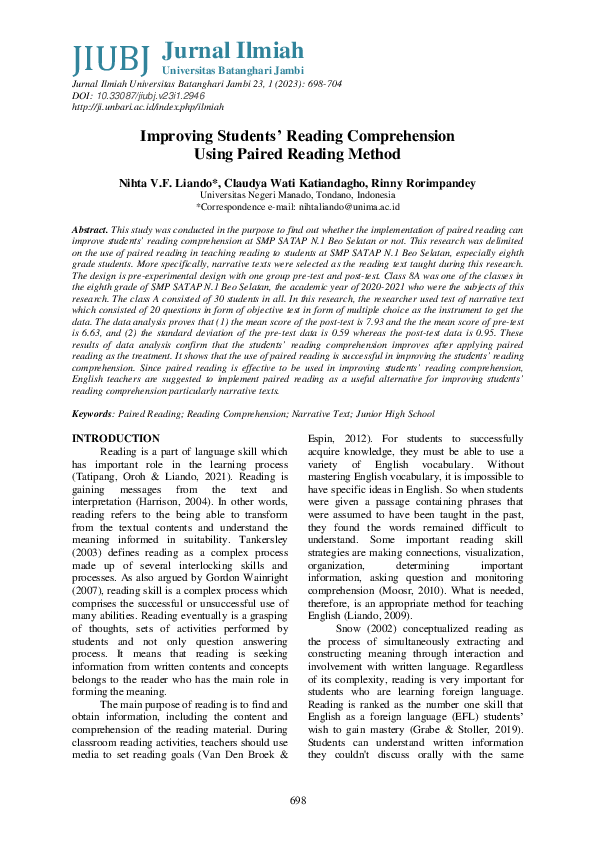 (PDF) Improving Students’ Reading Comprehension Using Paired Reading Method
