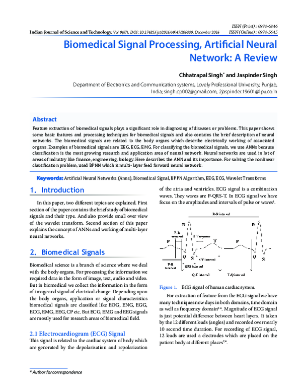 (PDF) Biomedical Signal Processing, Artificial Neural Network: A Review
