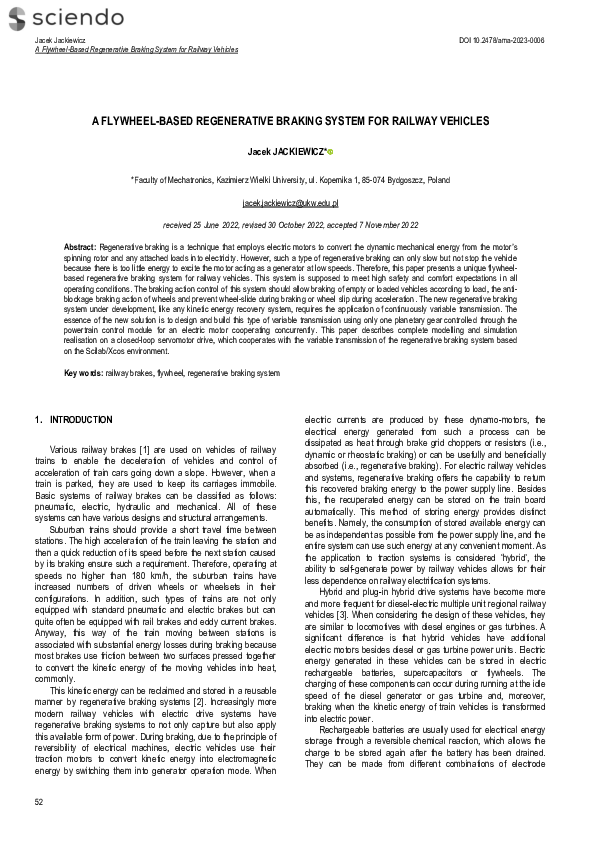 (PDF) A Flywheel-Based Regenerative Braking System for Railway Vehicles