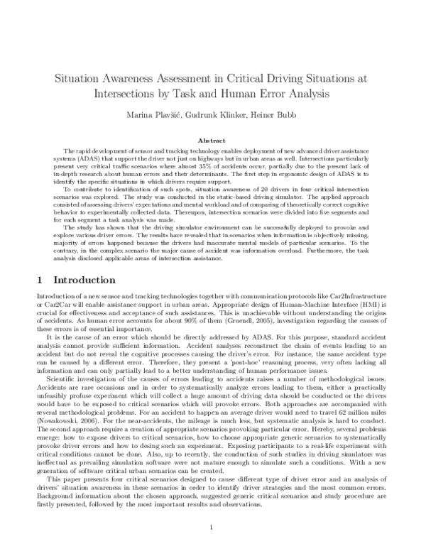 (PDF) Situation awareness assessment in critical driving situations at ...