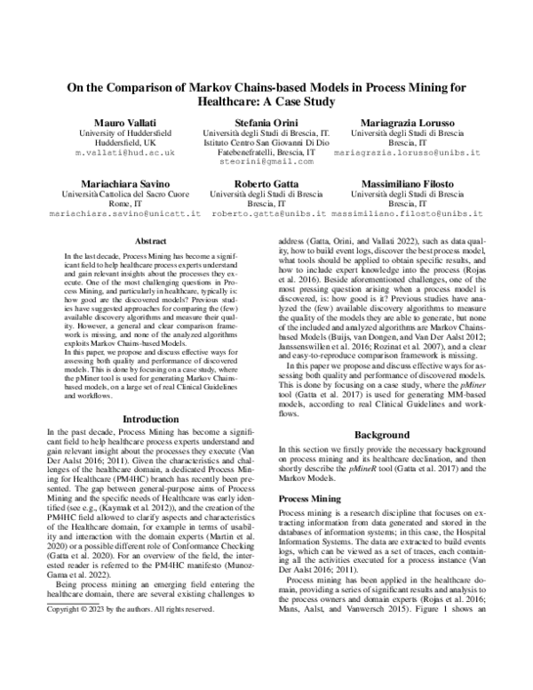 (PDF) On the Comparison of Markov Chains-based Models in Process Mining for Healthcare: A Case Study