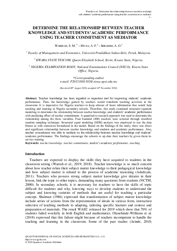 (PDF) Determine the Relationship Between Teacher Knowledge and Students’ Academic Performance ...