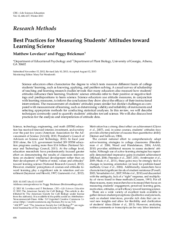 (PDF) Best Practices for Measuring Students’ Attitudes toward Learning Science | Matthew ...