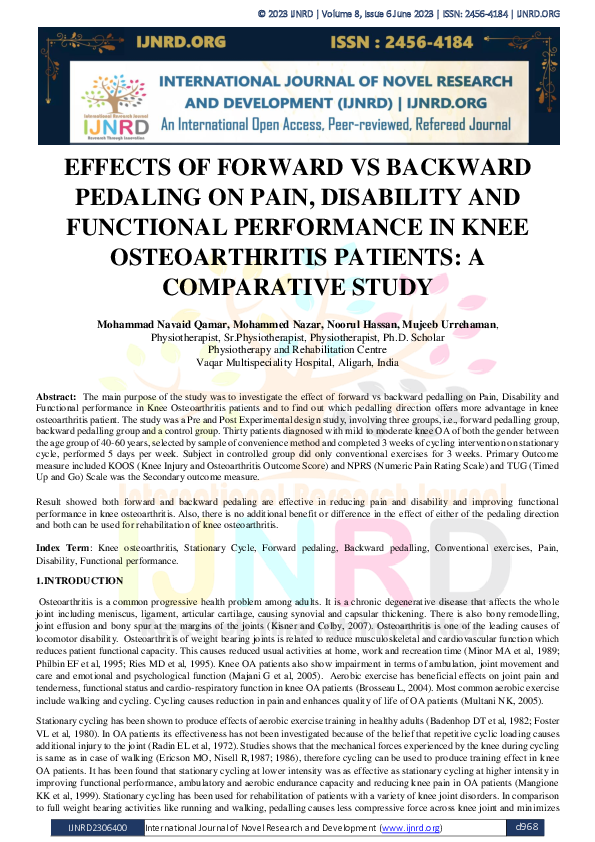 (PDF) EFFECTS OF FORWARD VS BACKWARD PEDALING ON PAIN, DISABILITY AND FUNCTIONAL PERFORMANCE IN ...