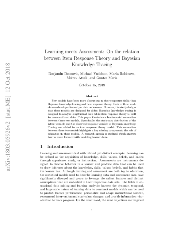 (PDF) Learning meets Assessment: On the relation between Item Response Theory and Bayesian ...