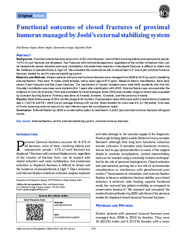 (PDF) Functional outcome of closed fractures of proximal humerus managed by Joshi′s external ...