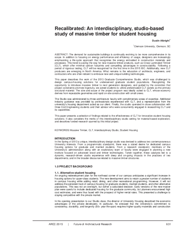 (PDF) Recalibrated: An interdisciplinary, studio-based study of massive timber for student housing