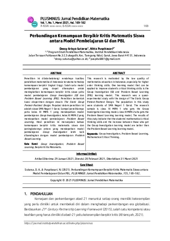 (PDF) Perbandingan Kemampuan Berpikir Kritis Matematis Siswa antara Model Pembelajaran GI dan PBL