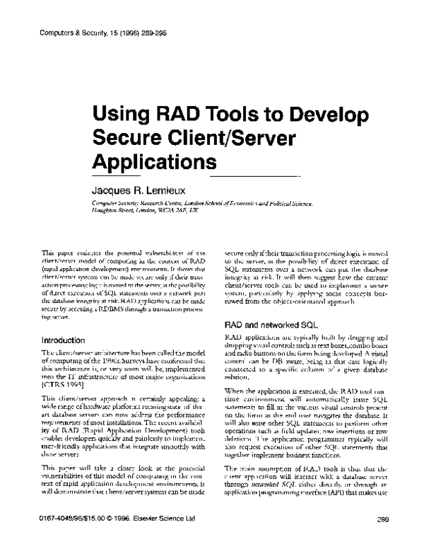 (PDF) Using RAD tools to develop secure client/server applications | Jacques Lemieux - Academia.edu